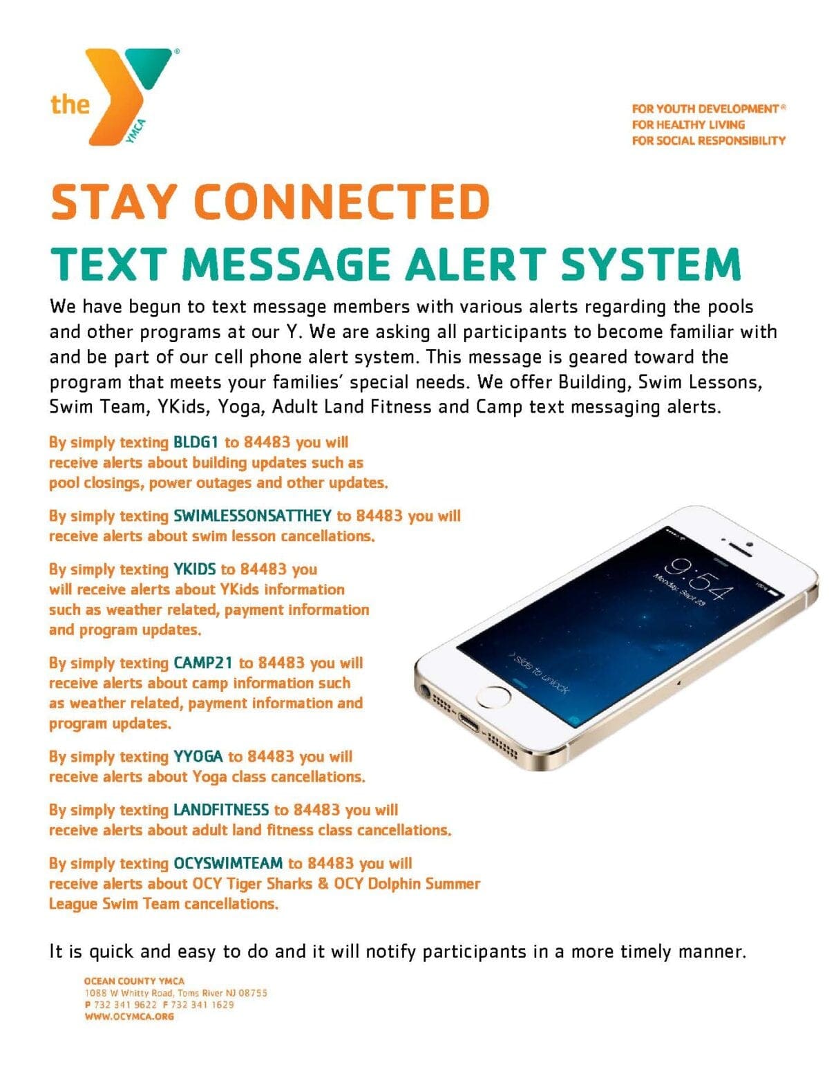 STAY CONNECTED -- FREE TEXT MESSAGE ALERT | Ocean County YMCA