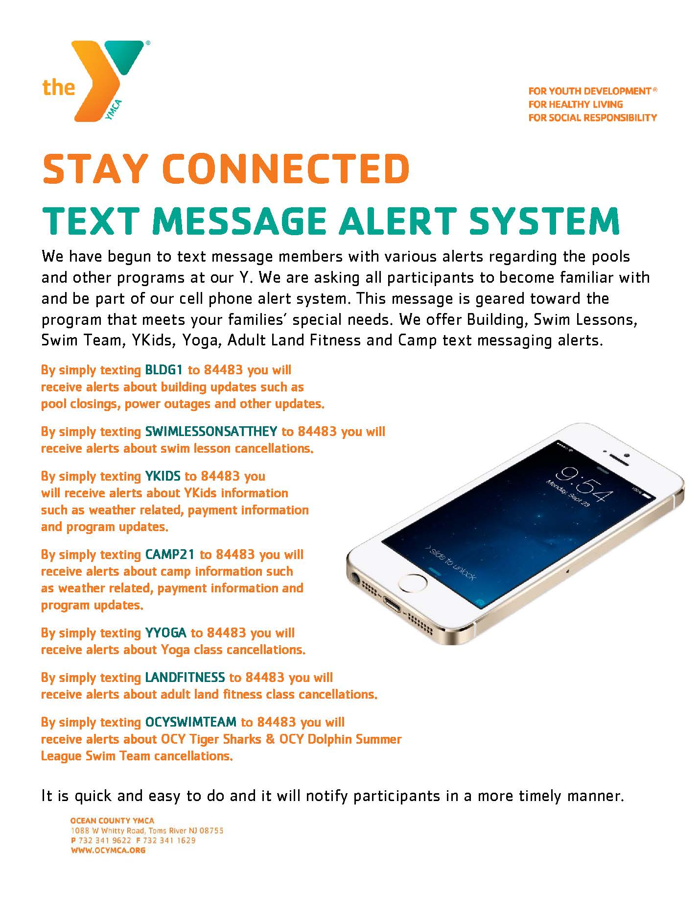 STAY CONNECTED -- FREE TEXT MESSAGE ALERT | Ocean County YMCA