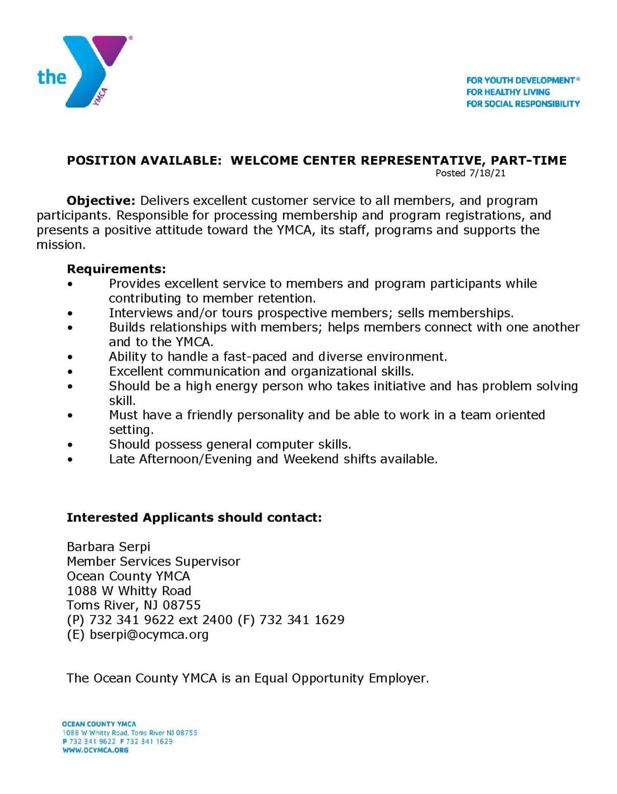 Welcome Center Staff Positions Available | Ocean County YMCA