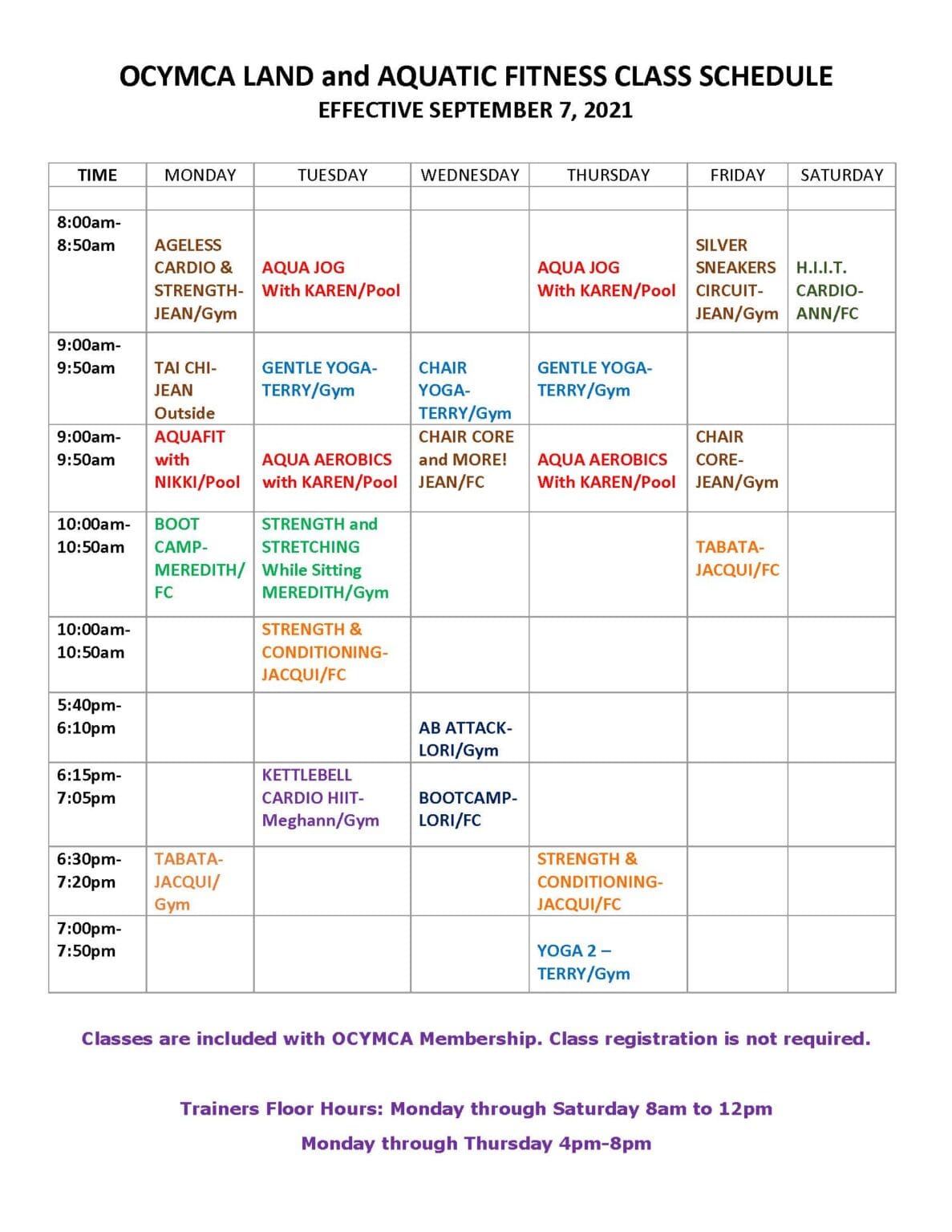 Schedules | Ocean County YMCA