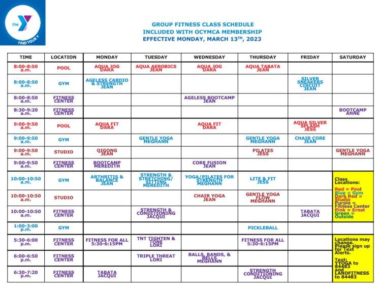 Schedules | Ocean County YMCA