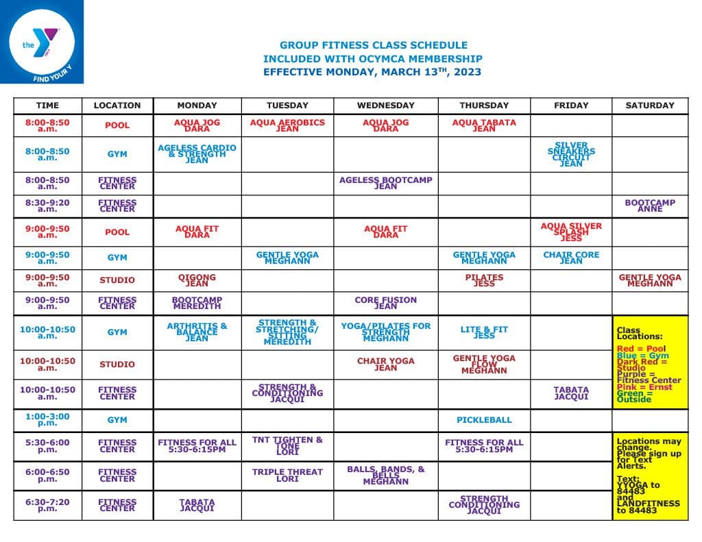 Schedules | Ocean County YMCA